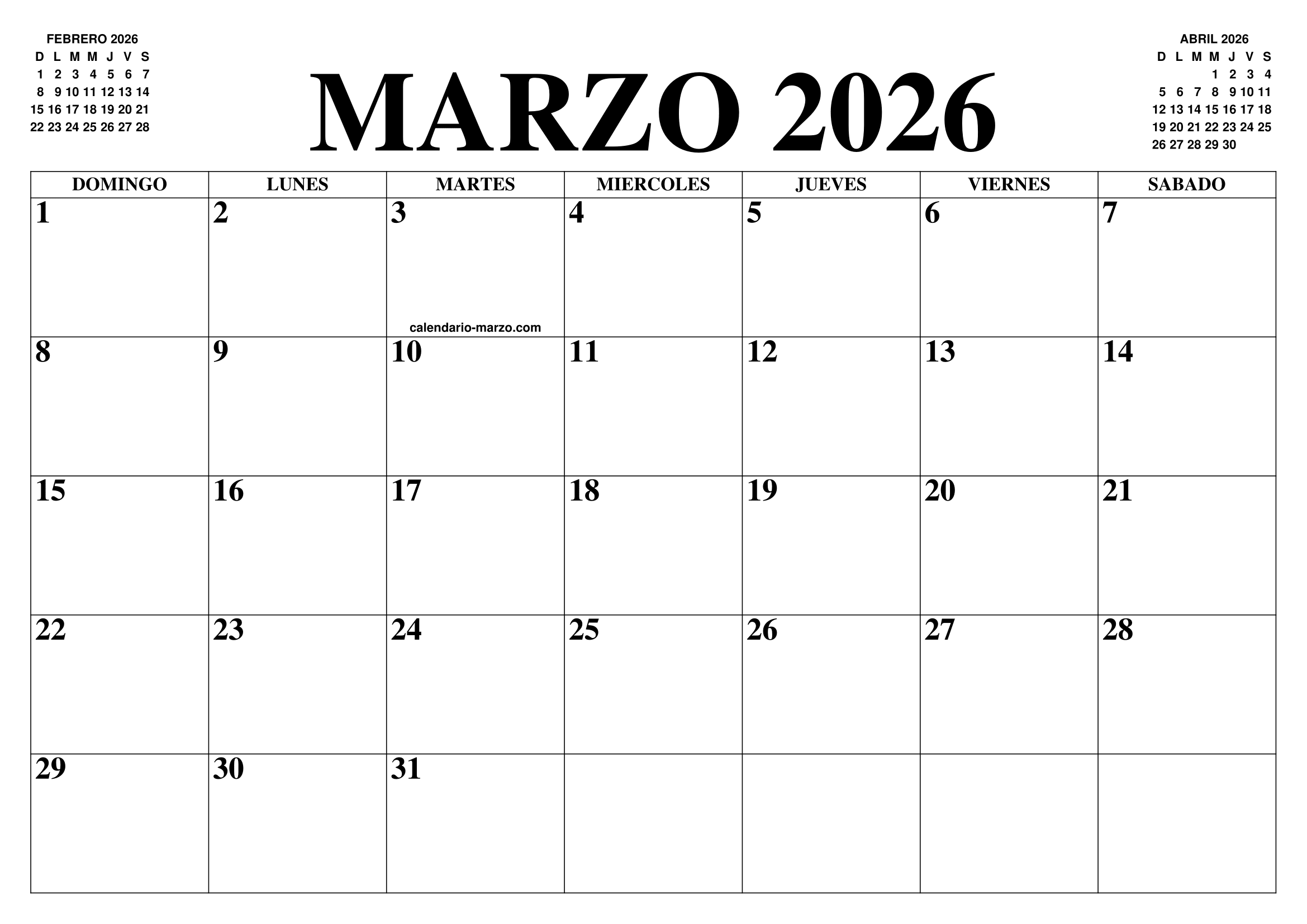 CALENDARIO MARZO 2026 : EL CALENDARIO MARZO PARA IMPRIMIR GRATIS - MES ...